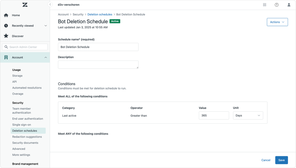 Setting up deletion schedules for ticket and bot conversations in Zendesk