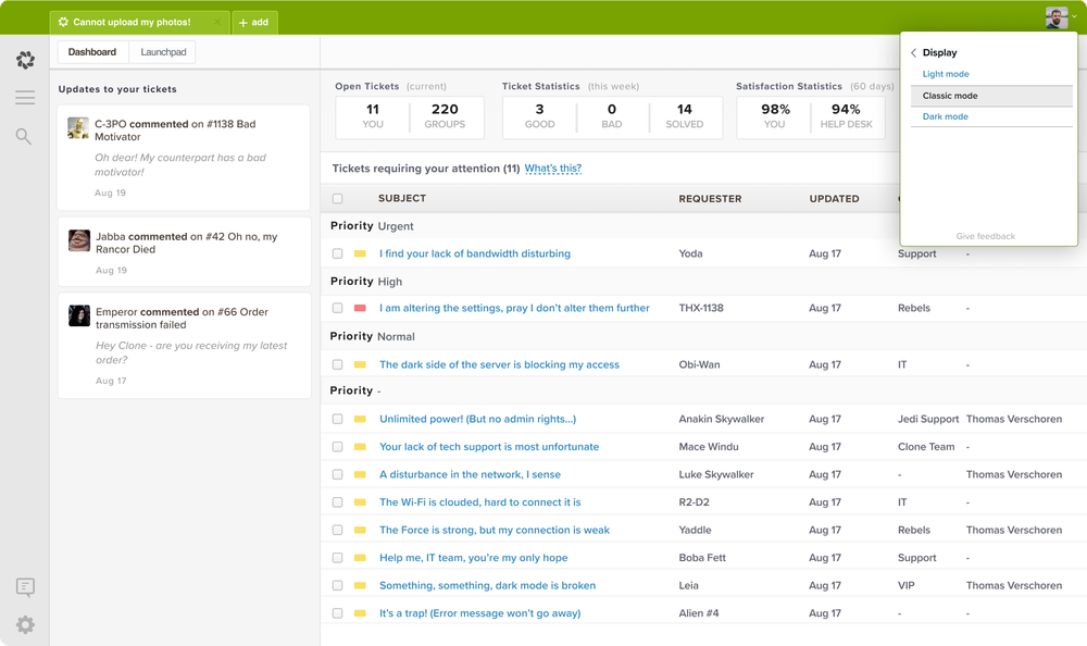 Classic mode for Zendesk