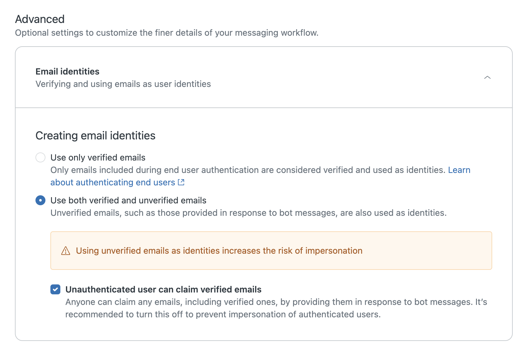 Messaging Authentication: Verified email and merging existing users based on email